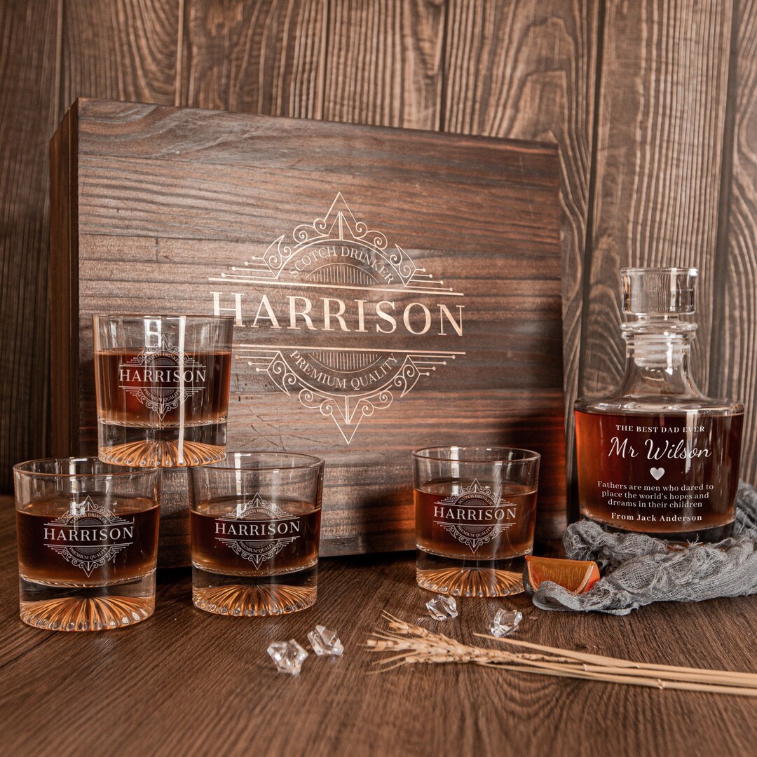 PRE ORDER Engraved Rustic Wooden Boxed Round Whiskey Decanter Set, 4 ...