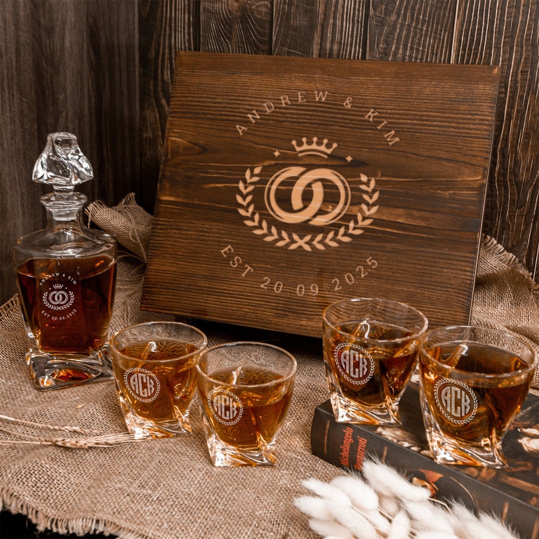 Custom Engraved Twisted Whiskey Decanter Set, 4 Scotch Glasses & Wooden ...
