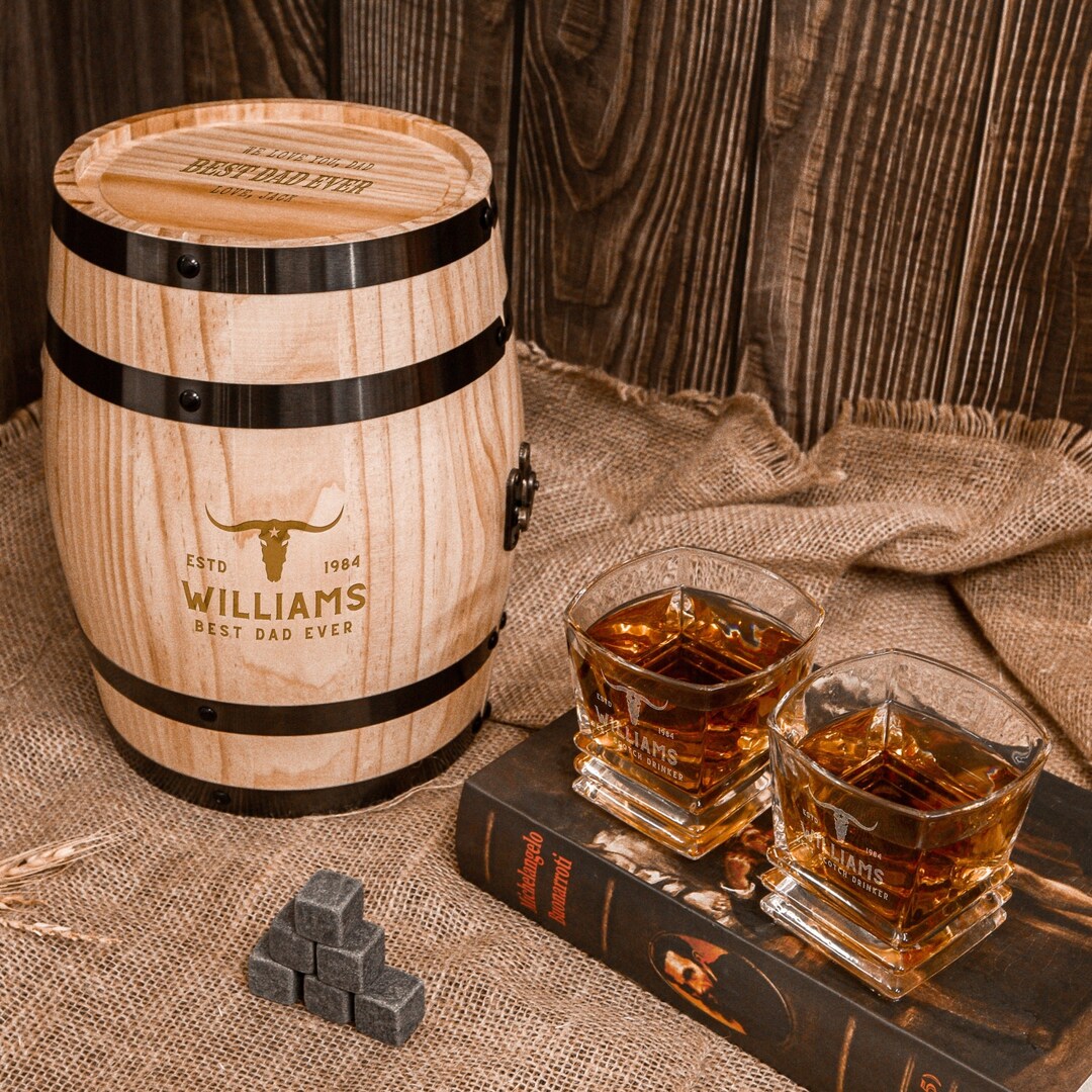 Personalised Wooden Barrel Whiskey Box, 2 Prism Glasses, 6 Ice Stones ...