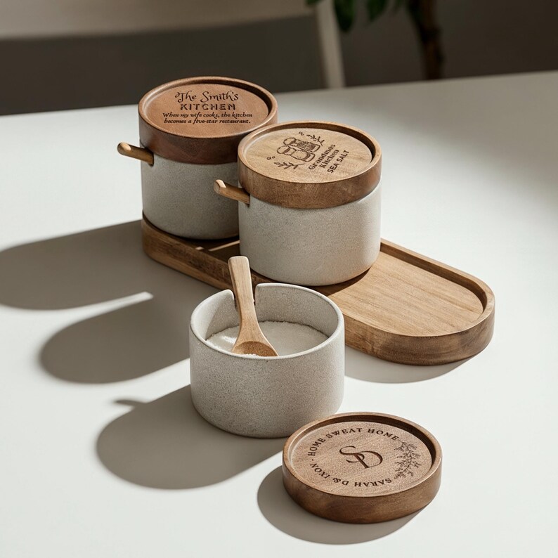 Personalised Pottery Spice Jar Set, Custom Engraved Kitchen Canisters ...