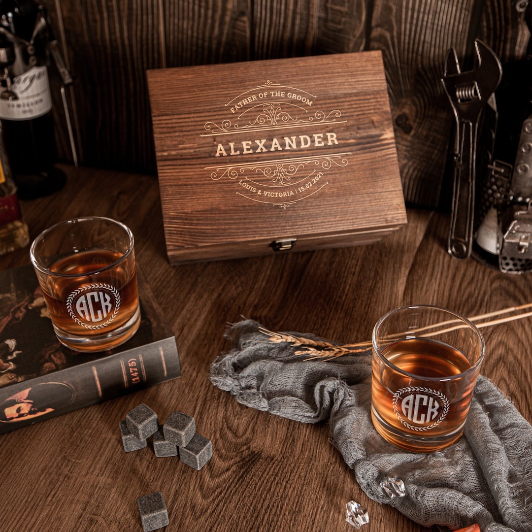 Custom Engraved Whiskey Wooden Box - 2 Sleek Round Scotch Glasses & 6 ...