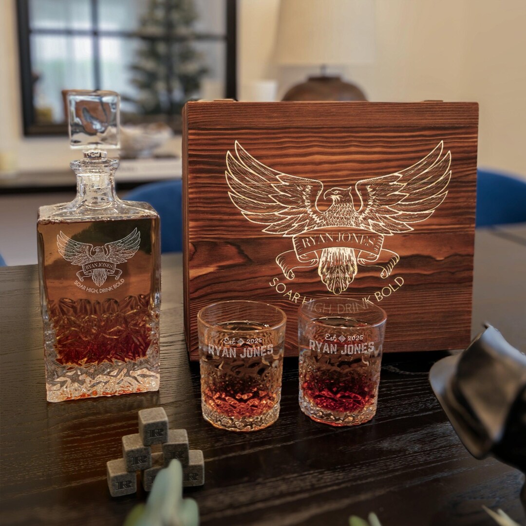 Engraved Whiskey Wooden Box Carving Old Fashion Decanter, 2 Scotch ...