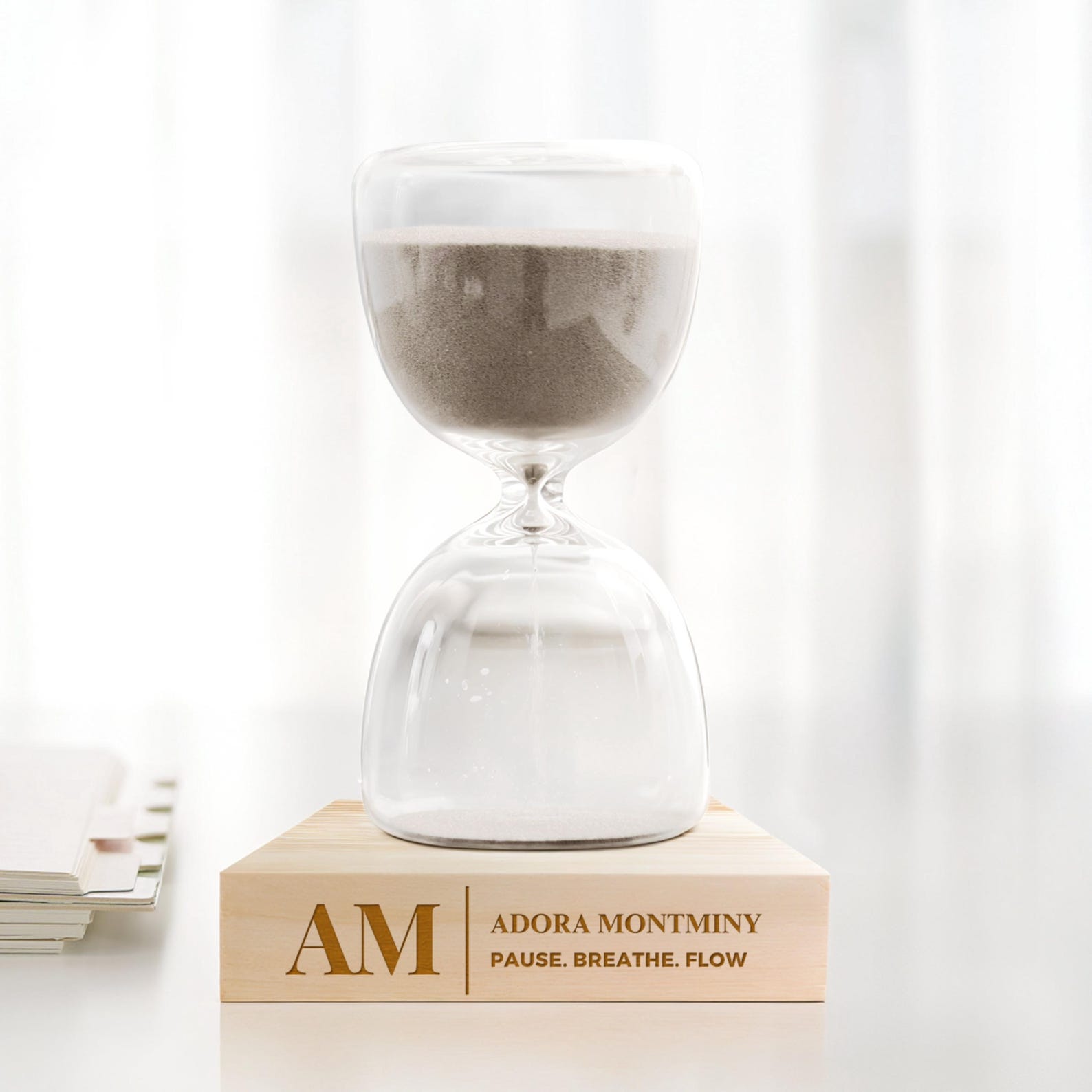 Personalised Glass Hourglass Timer & Wooden Base, Custom Engraved Sand ...