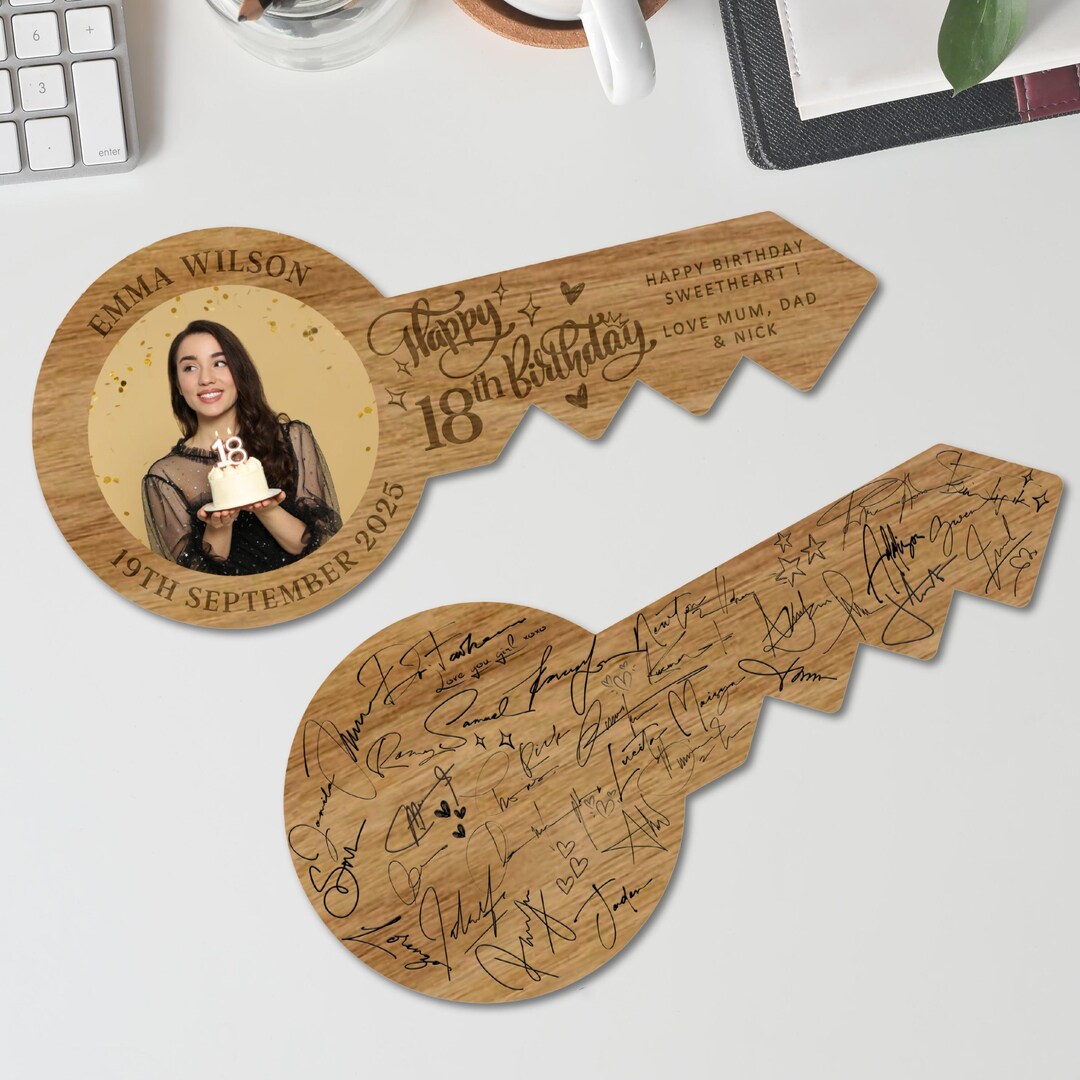 Personalised Key Birthday Signing Photo Wooden Board, Custom Engraved ...