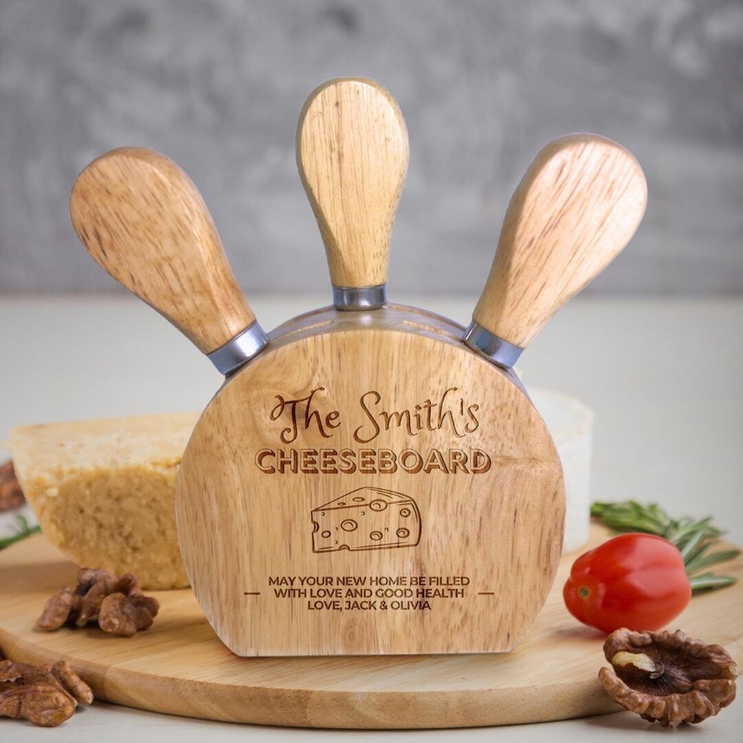 Personalised 4 Piece Wooden Cheese Knife Block Set, Engraved Serving ...