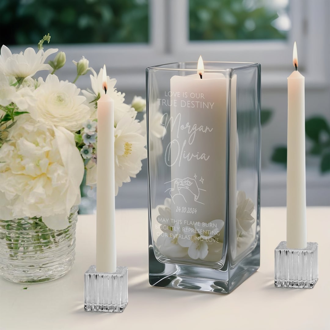 Custom Engraved Square Glass Vase Unity Candles & Holders Set, Wedding ...