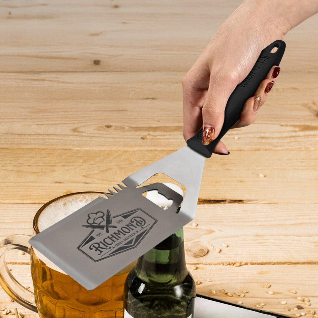 Personalised Steel BBQ Spatula With Bottle Opener & Prongs, Custom ...