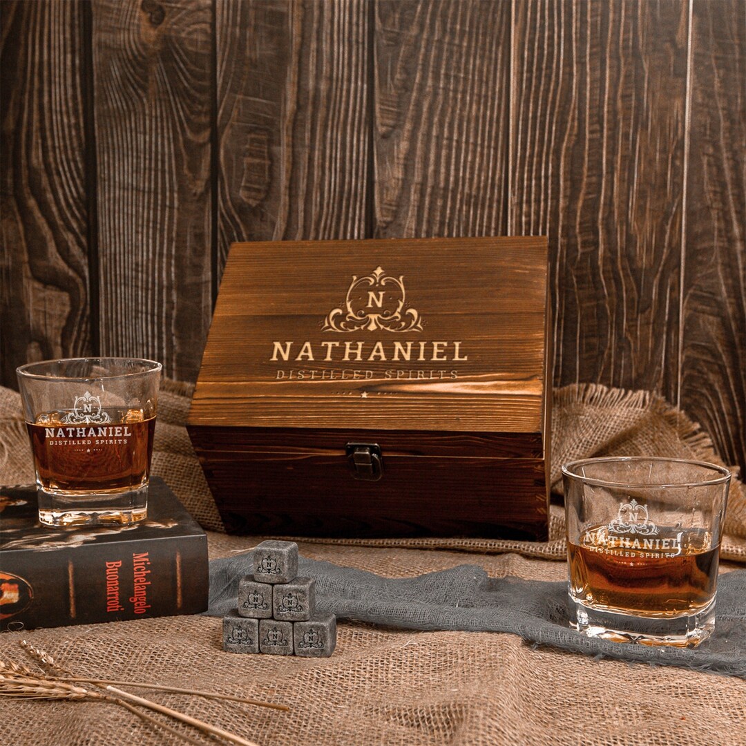 Custom Engraved Whiskey Wooden Box - 2 Square Star Base Scotch Glasses ...