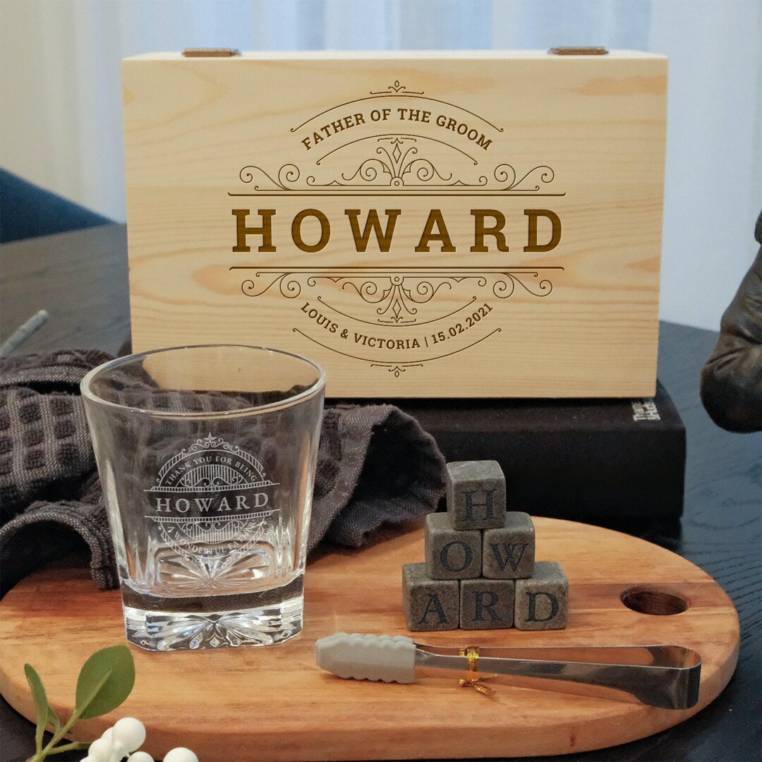 Custom Etched Whiskey Wooden Box, Star Base Scotch Glass, 6 Ice Stones ...