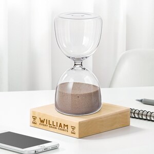 Personalised Glass Hourglass Timer & Wooden Base, Custom Engraved Sand ...