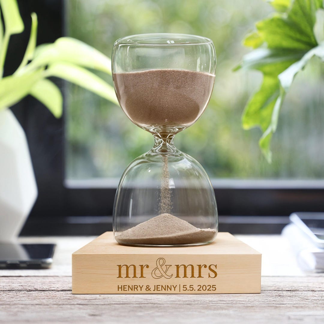 Personalised Glass Hourglass Timer & Wooden Base, Custom Engraved Sand ...