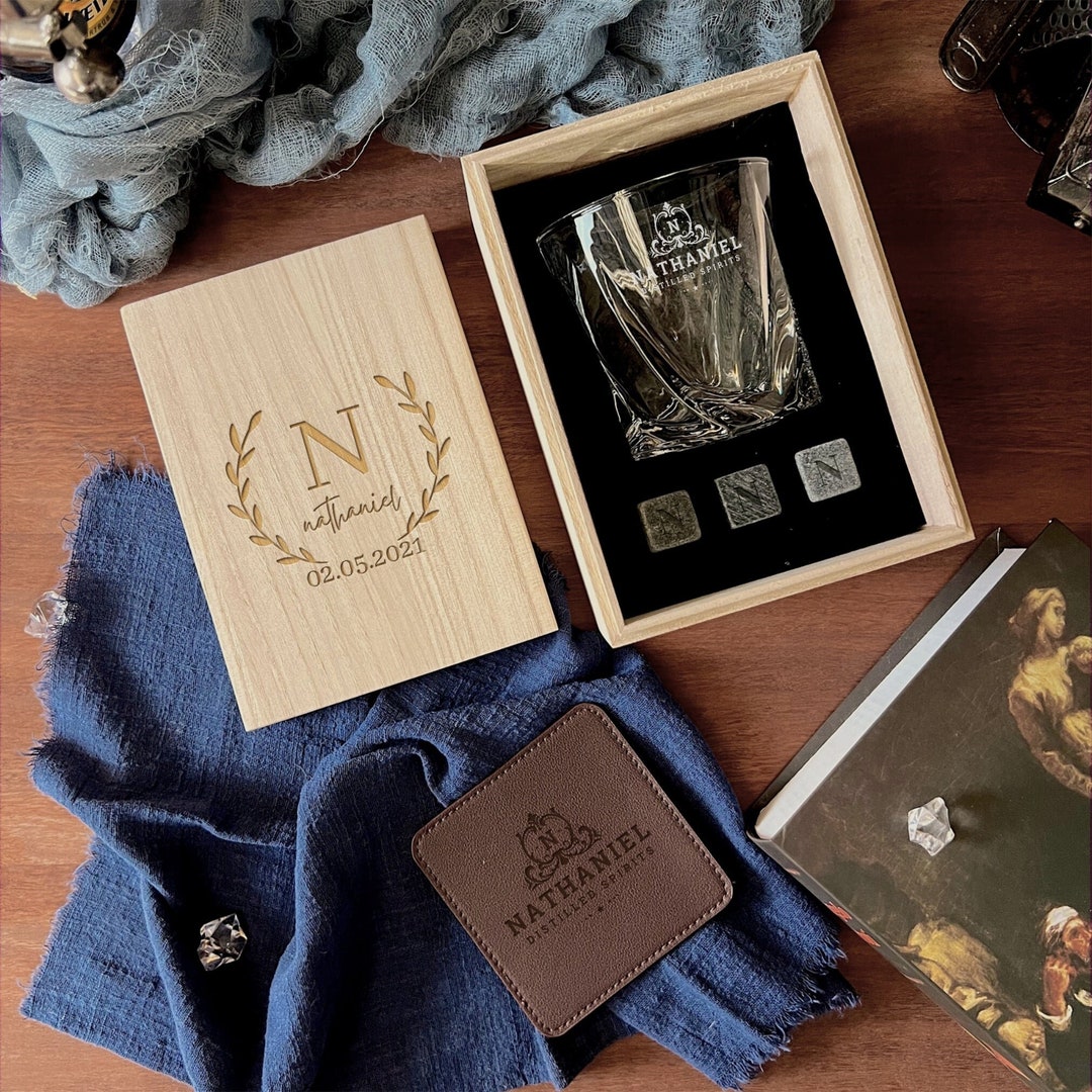 Personalised Wooden Whiskey Gift Box, 280ml Twisted Whiskey Glass, Ice ...