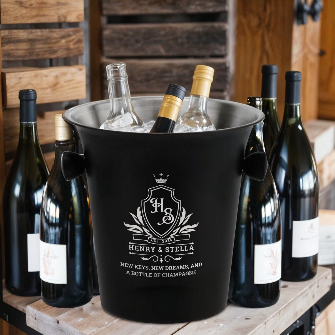 Personalised Matt Black Champagne Ice Bucket, Custom Engraved Wine ...