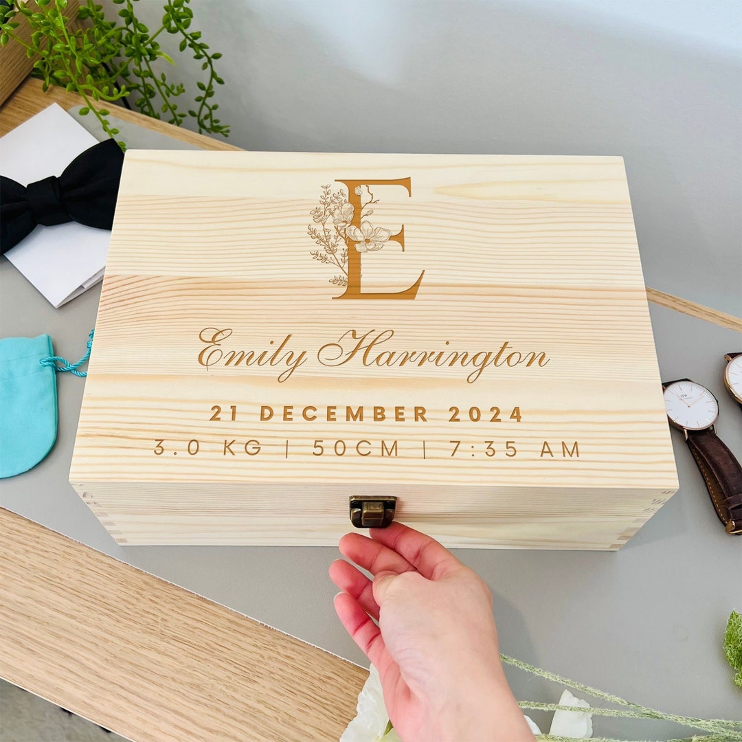 Personalised New Born Baby Wooden Keepsake Box, Custom Engraved Time ...