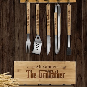 Personalised Bamboo BBQ Tools & Box Set, Custom Engraved Barbecue ...