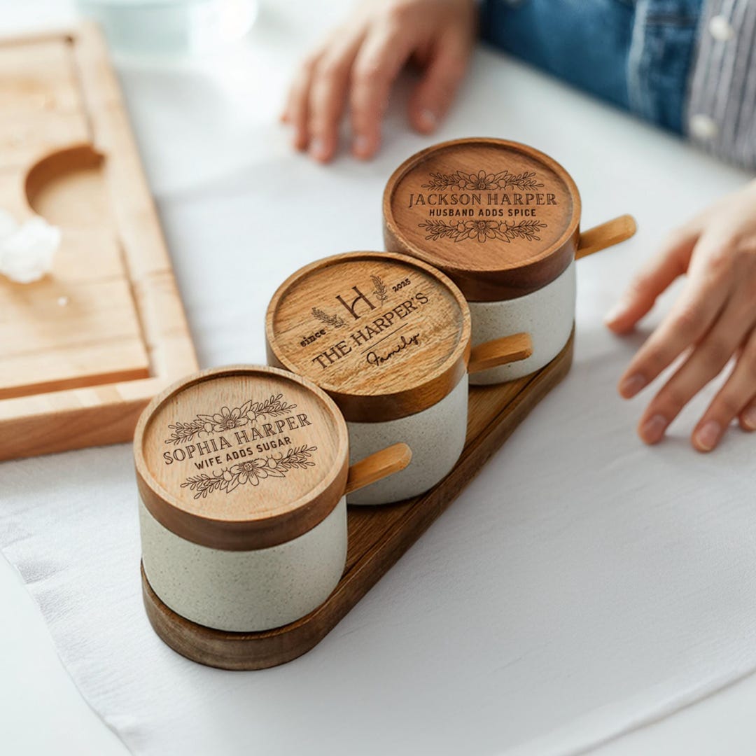 Personalised Pottery Spice Jar Set, Custom Engraved Kitchen Canisters ...