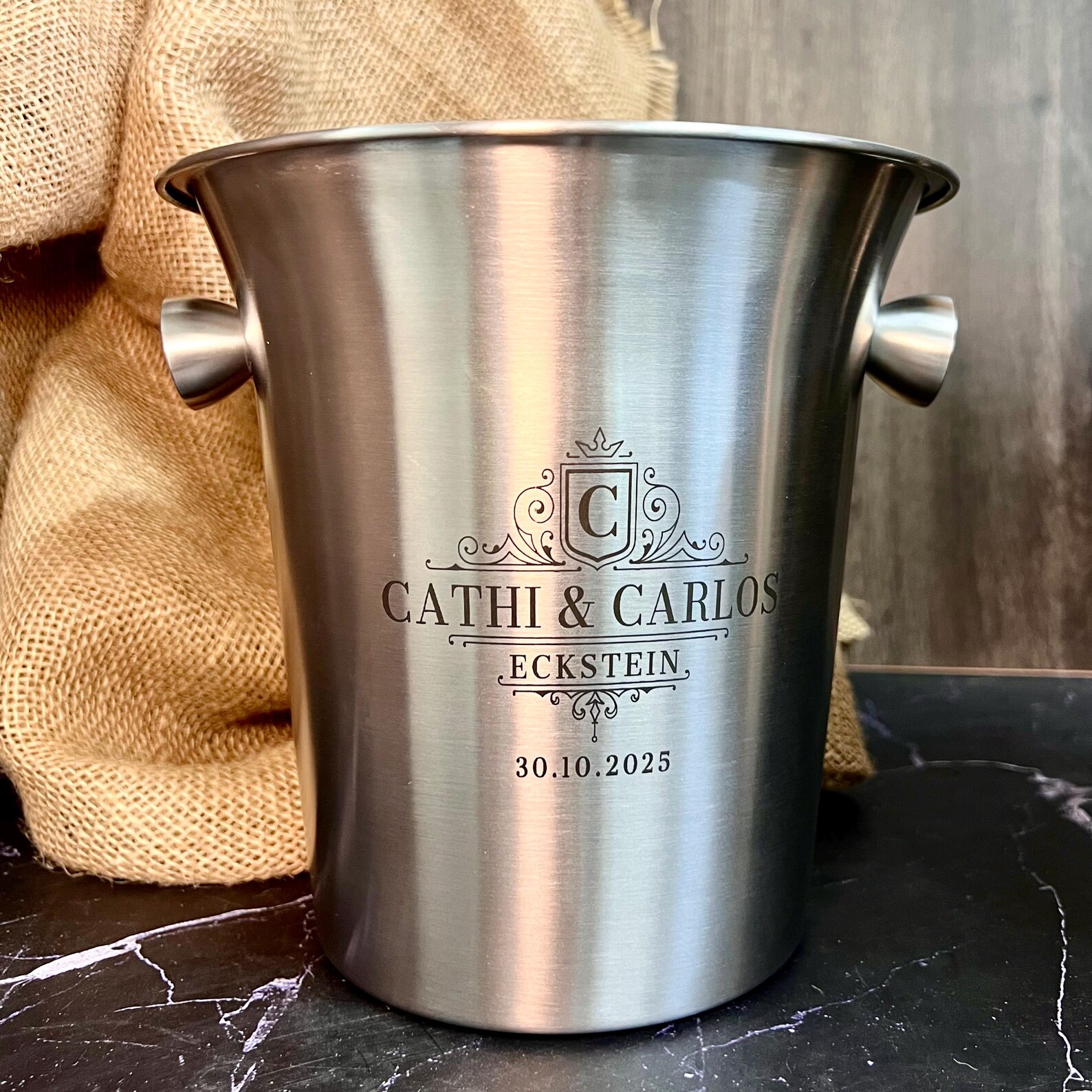 Personalised Matt Steel Champagne Ice Bucket, Custom Engraved Logo Wine ...