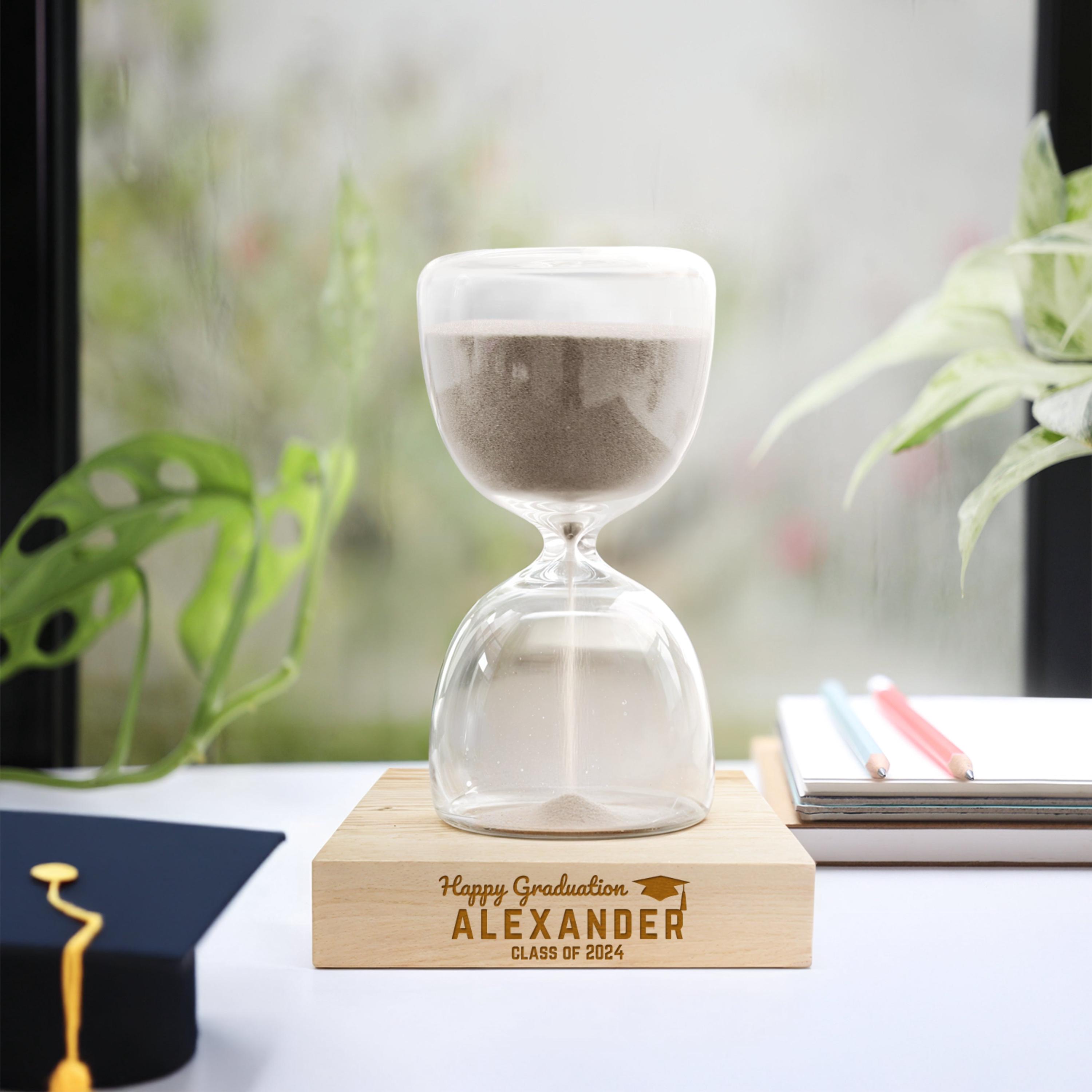 Personalised Glass Hourglass Timer & Wooden Base, Custom Engraved Sand ...