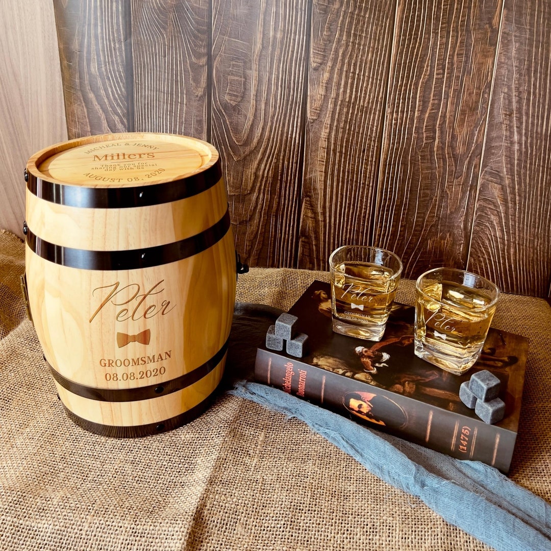 Personalised Wooden Barrel Whiskey Box, 2 Glasses, 6 Ice Stones ...