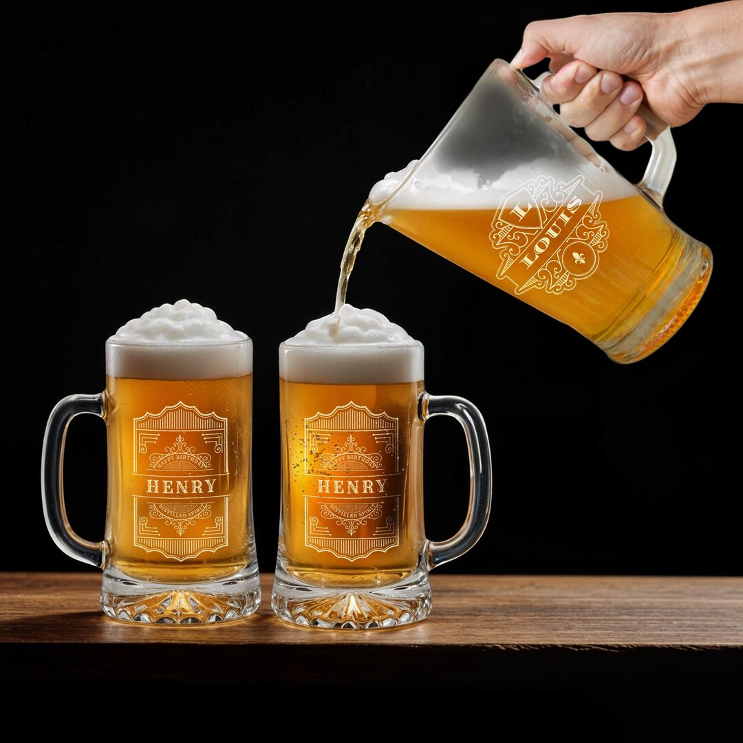 Personalised 1.8L Crystal Glass Pitcher & 2 Tankard Beer Mugs, Custom ...