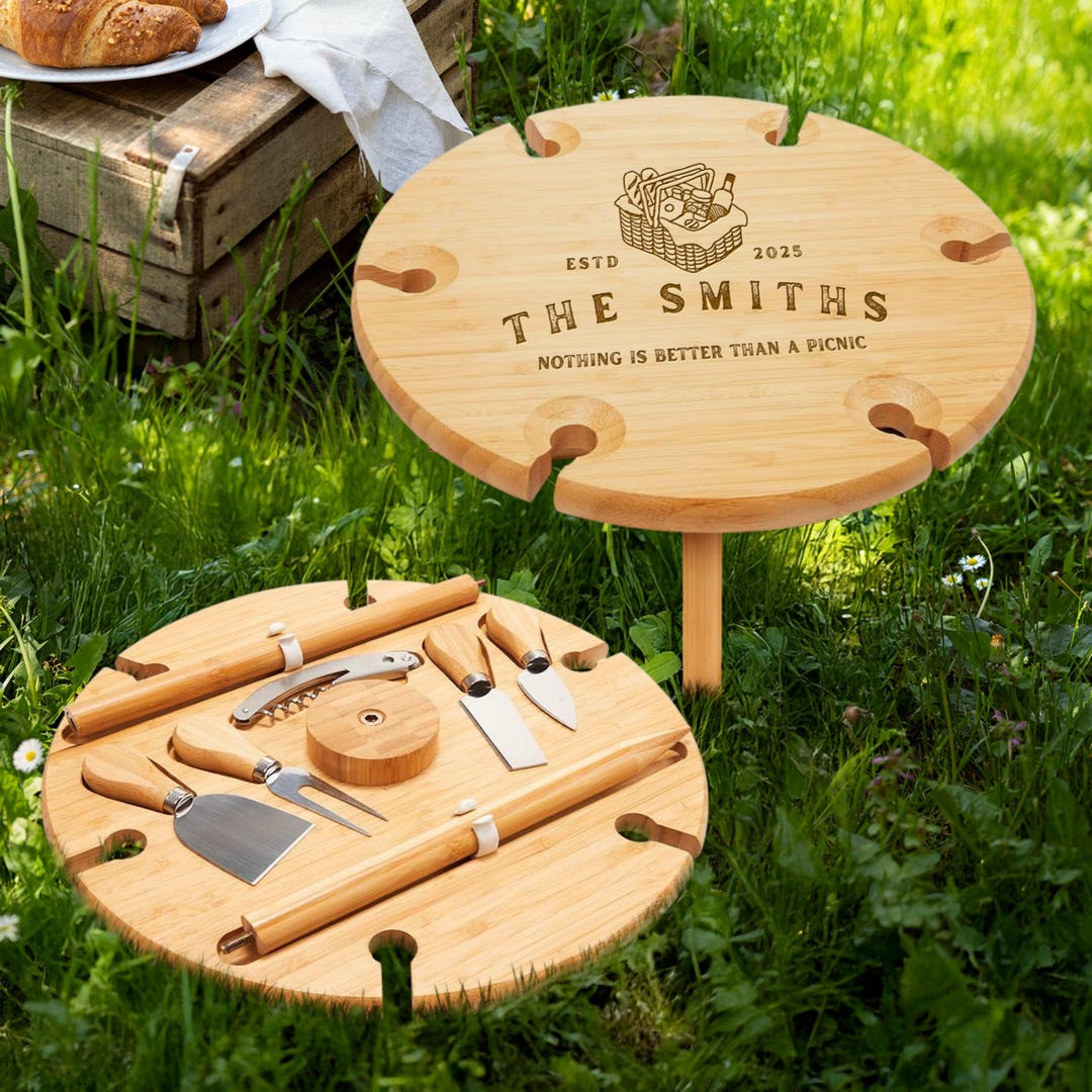 Custom Engraved Assemble Round Bamboo Stake Picnic Table, 6 Wine ...