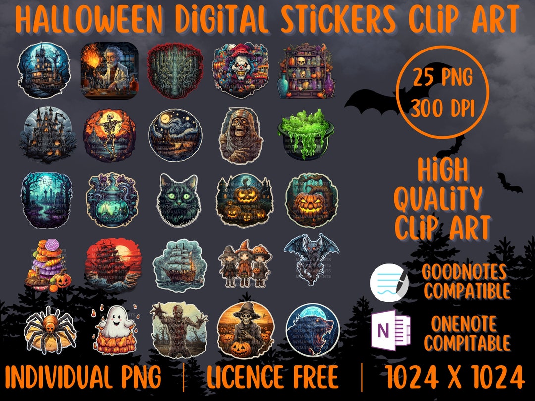 Halloween Clipart Digital Sticker PNG Bundle Goodnotes One Note ...
