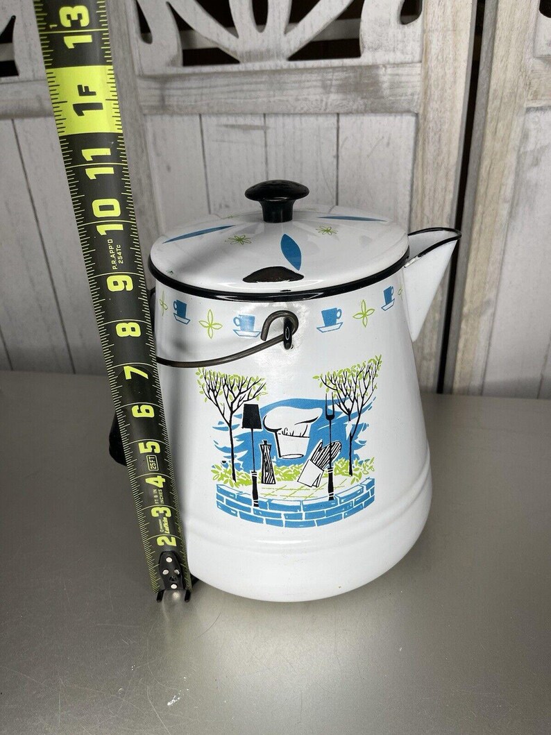 Vintage Enamel Cowboy Coffee Pot Kettle White Barbecue Picnic Design - Etsy