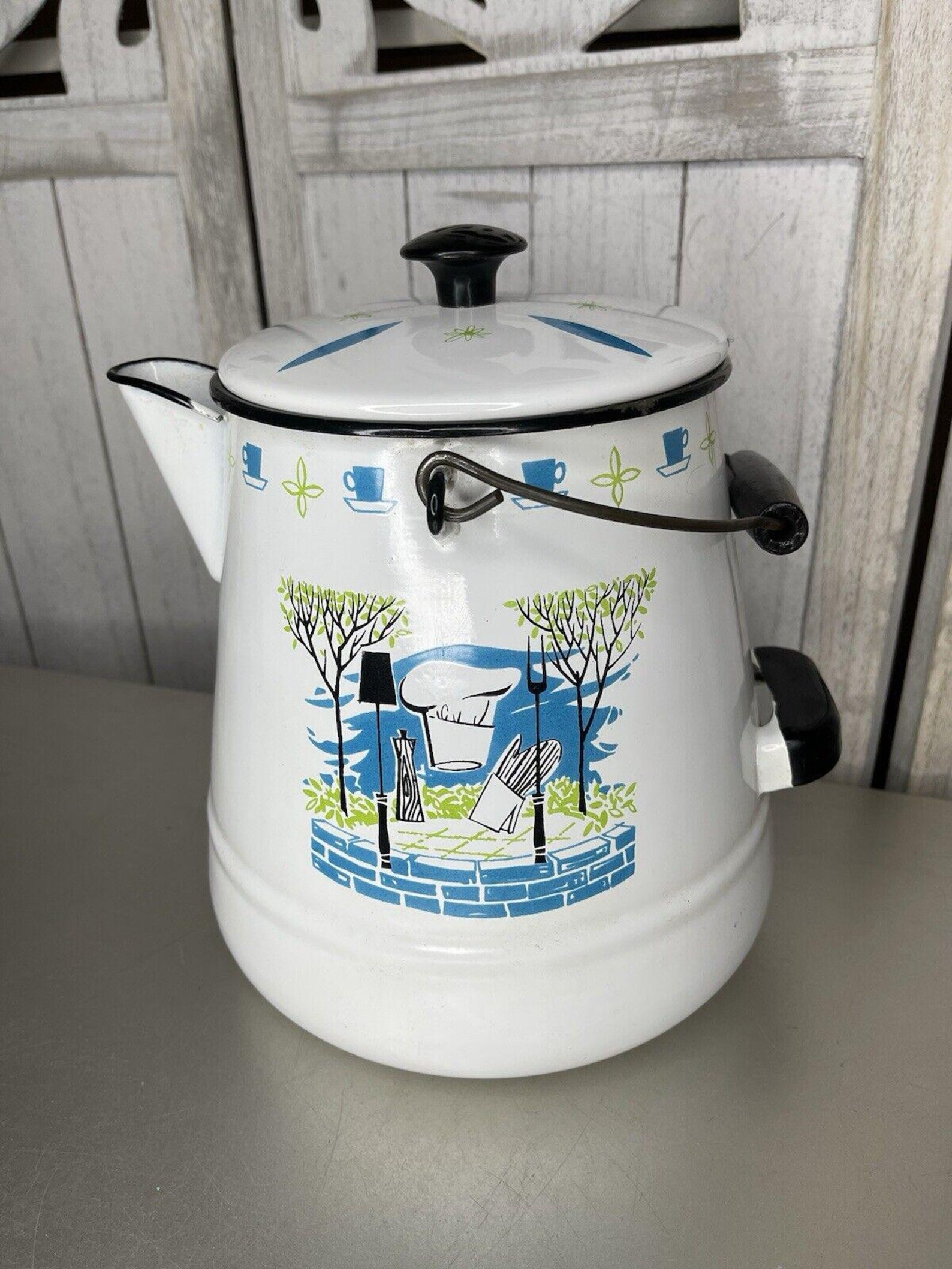Vintage Enamel Cowboy Coffee Pot Kettle White Barbecue Picnic Design - Etsy