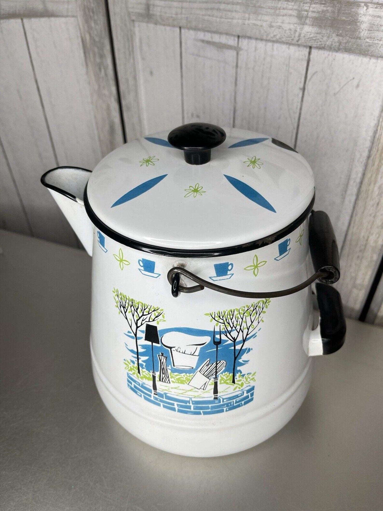 Vintage Enamel Cowboy Coffee Pot Kettle White Barbecue Picnic Design - Etsy