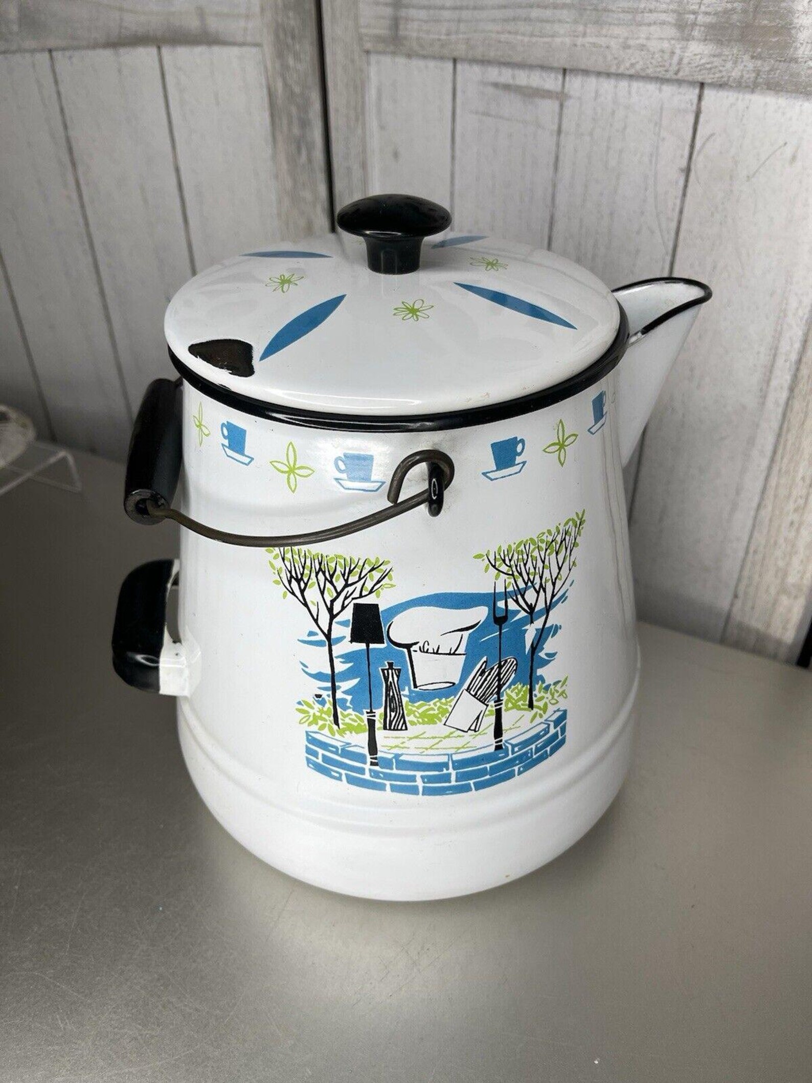 Vintage Enamel Cowboy Coffee Pot Kettle White Barbecue Picnic Design - Etsy