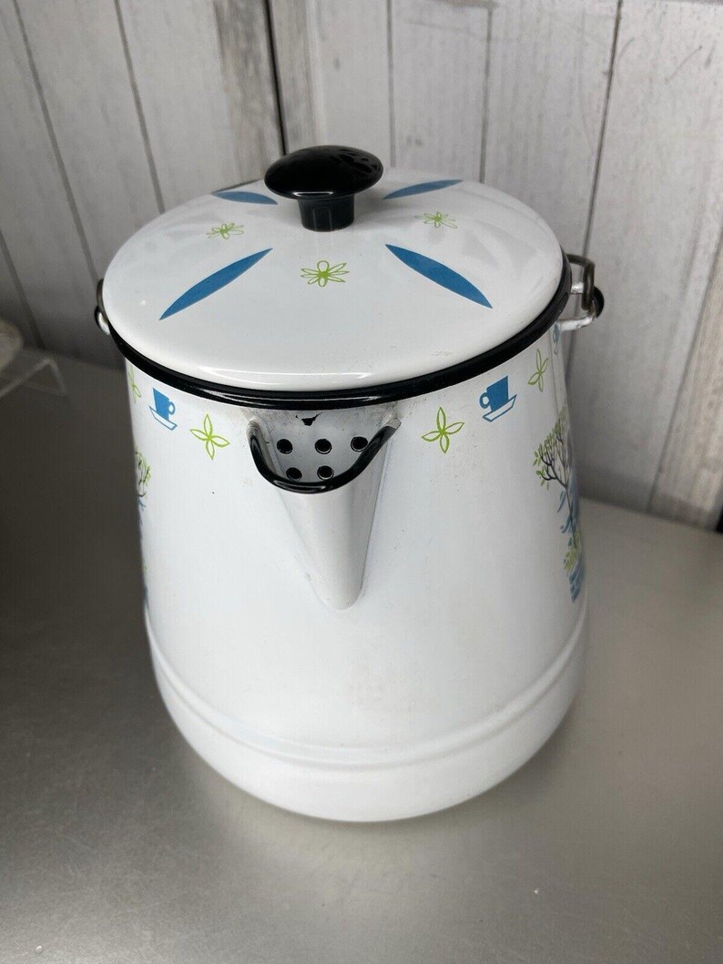 Vintage Enamel Cowboy Coffee Pot Kettle White Barbecue Picnic Design - Etsy