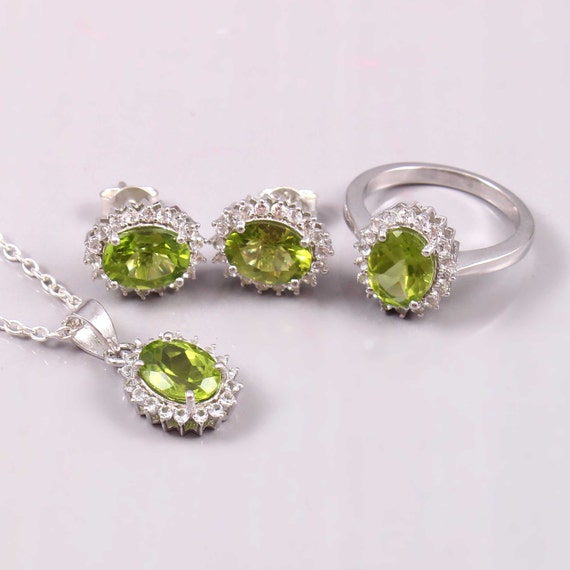 Natural Peridot Pendant studs ring Set oval Cut Gemstone 925 Sterling Silver gift for Her wedding Jewelry Set august Birthstone 4 Pieces Set Etsy