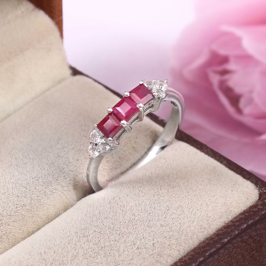Natural Ruby Ring – Sterling Silver - White Topaz Accents - Square Cut ...