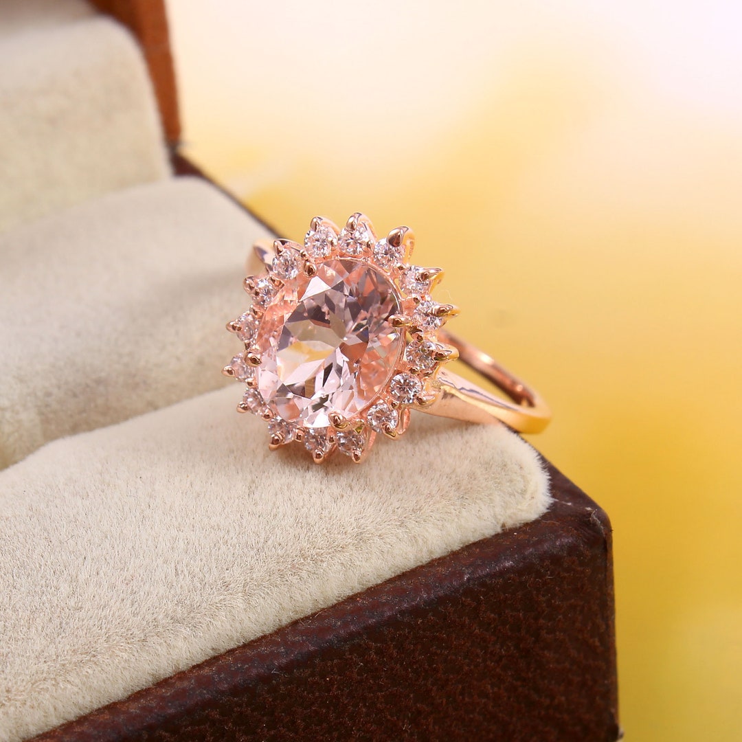 Natural Morganite Ring-oval Cut-morganite Flower Engagement Ring-925 ...
