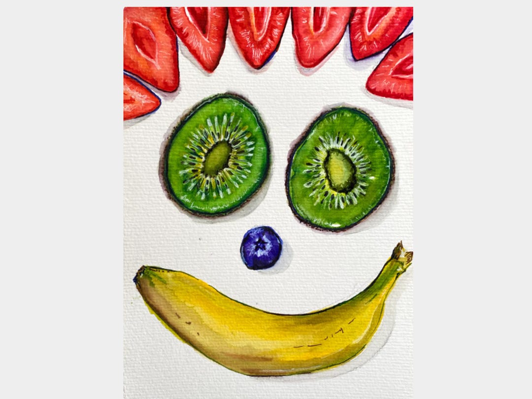 Original Fruit Face Painting on Paper, Whimsical Food Art, Playful ...