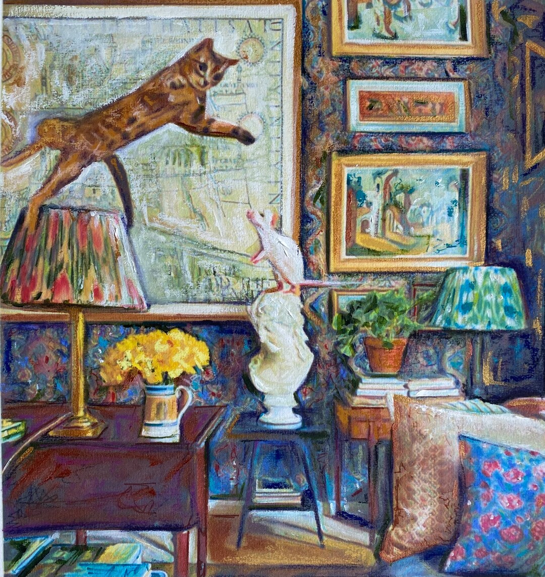 Cat & Mouse Art White Mouse Original Painting Colorful Art - Etsy