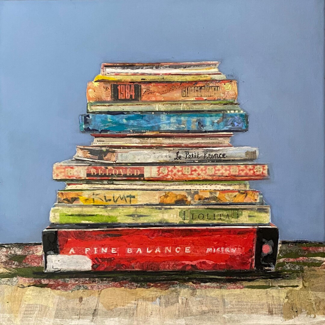 Collage de libros original, obra de arte de libros apilados sobre ...