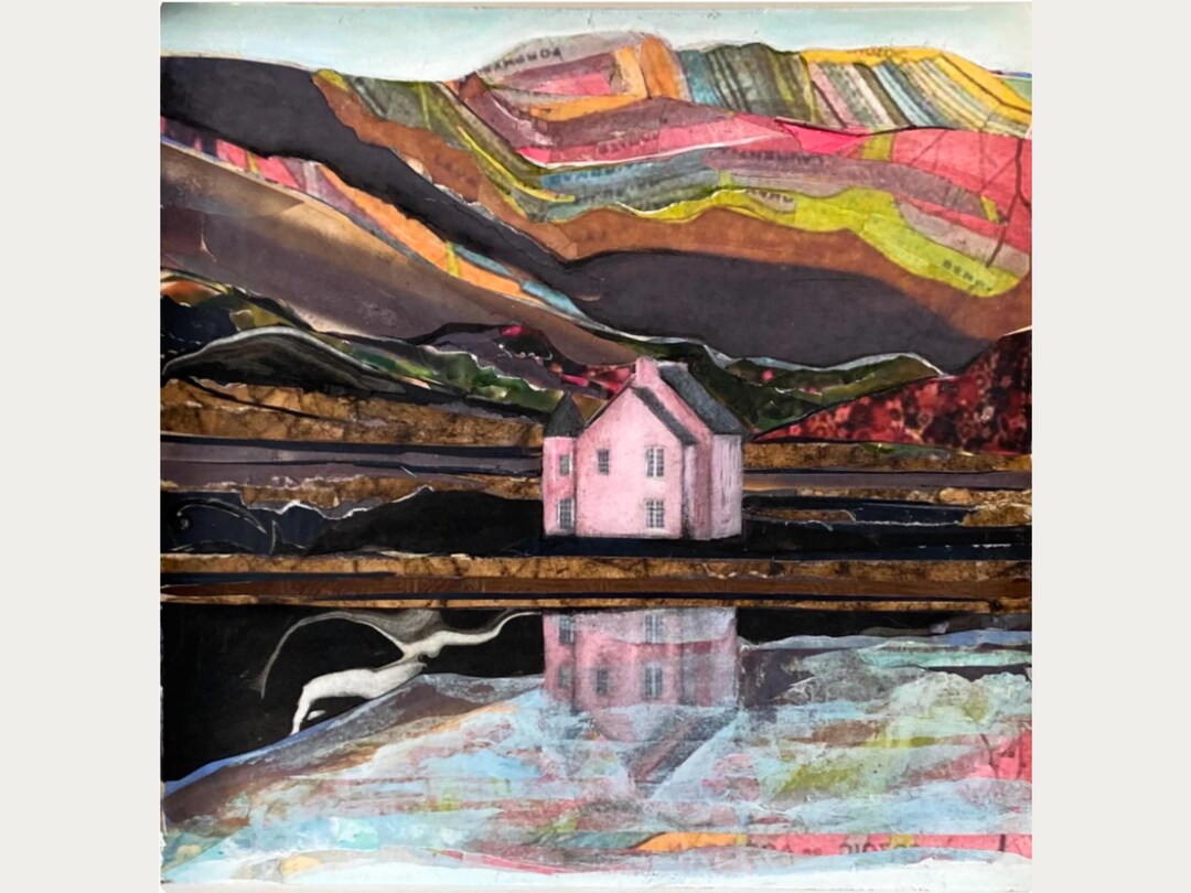 Pink Cottage Collage Artwork, Surreal Landscape With Mountains and ...