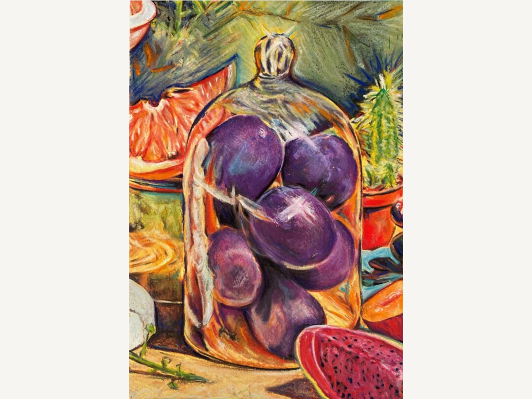 Pflaumenglas Stillleben Gemälde, Original Lila Frucht Kunstwerk, Bunte ...