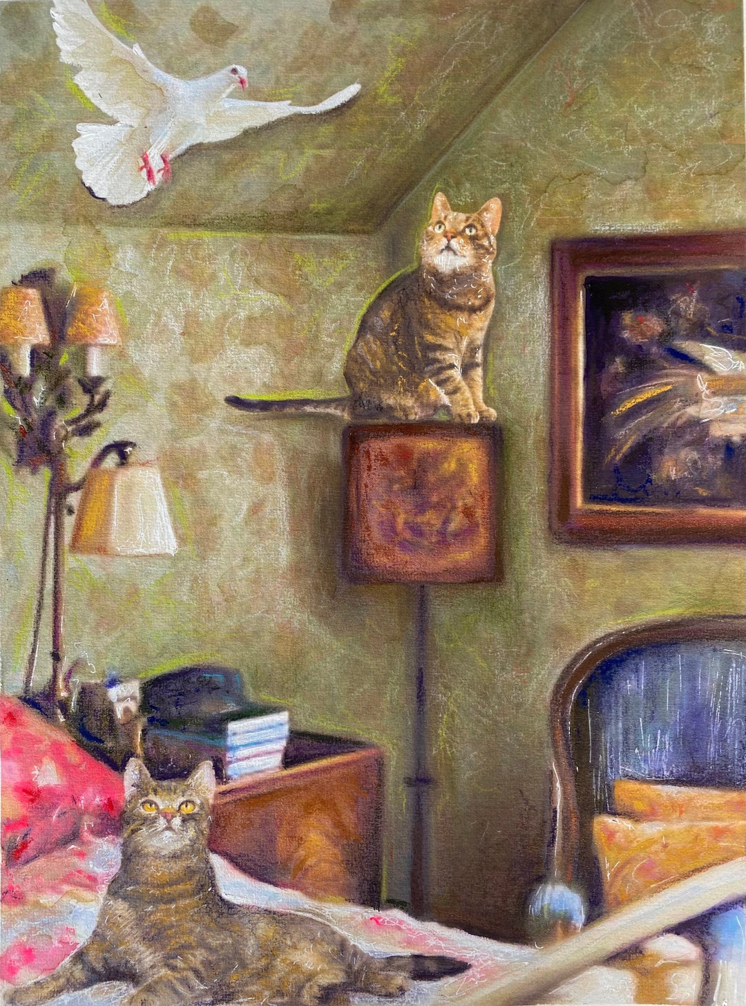 Cat Art, Original Painting, White Dove, Wall Art, Realistic Art, Art ...