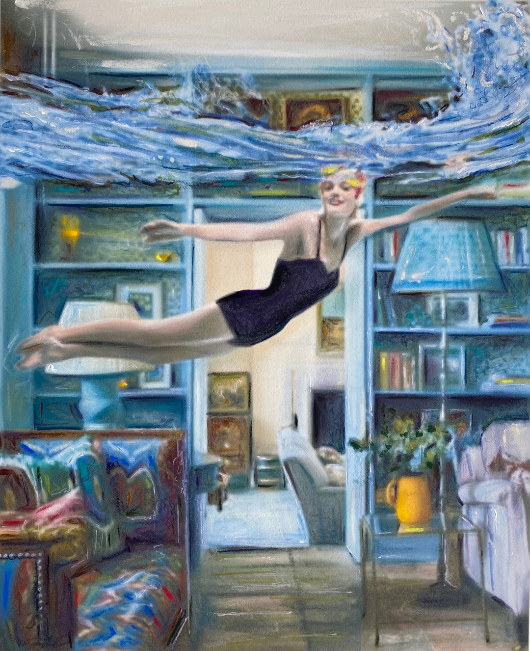 Retro Swimmer Art, Original Painting, Woman Swimming in Room ...