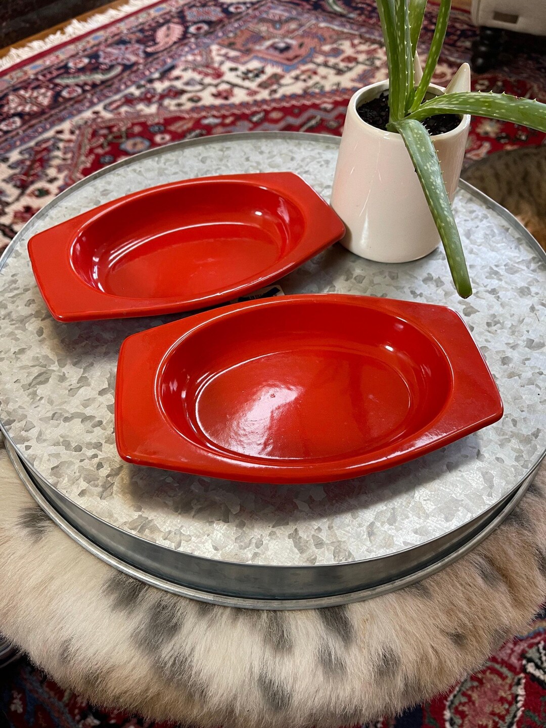 Set of 2, Vintage, MCM Orange/rust Enamel Oval Trays. Dynasty Ware ...