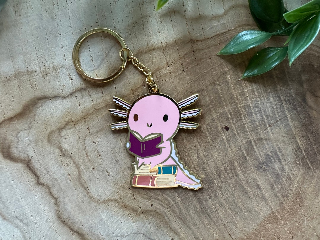 Axolotl Reading Metal Enamel Keychain | Cute | Books | Reading ...