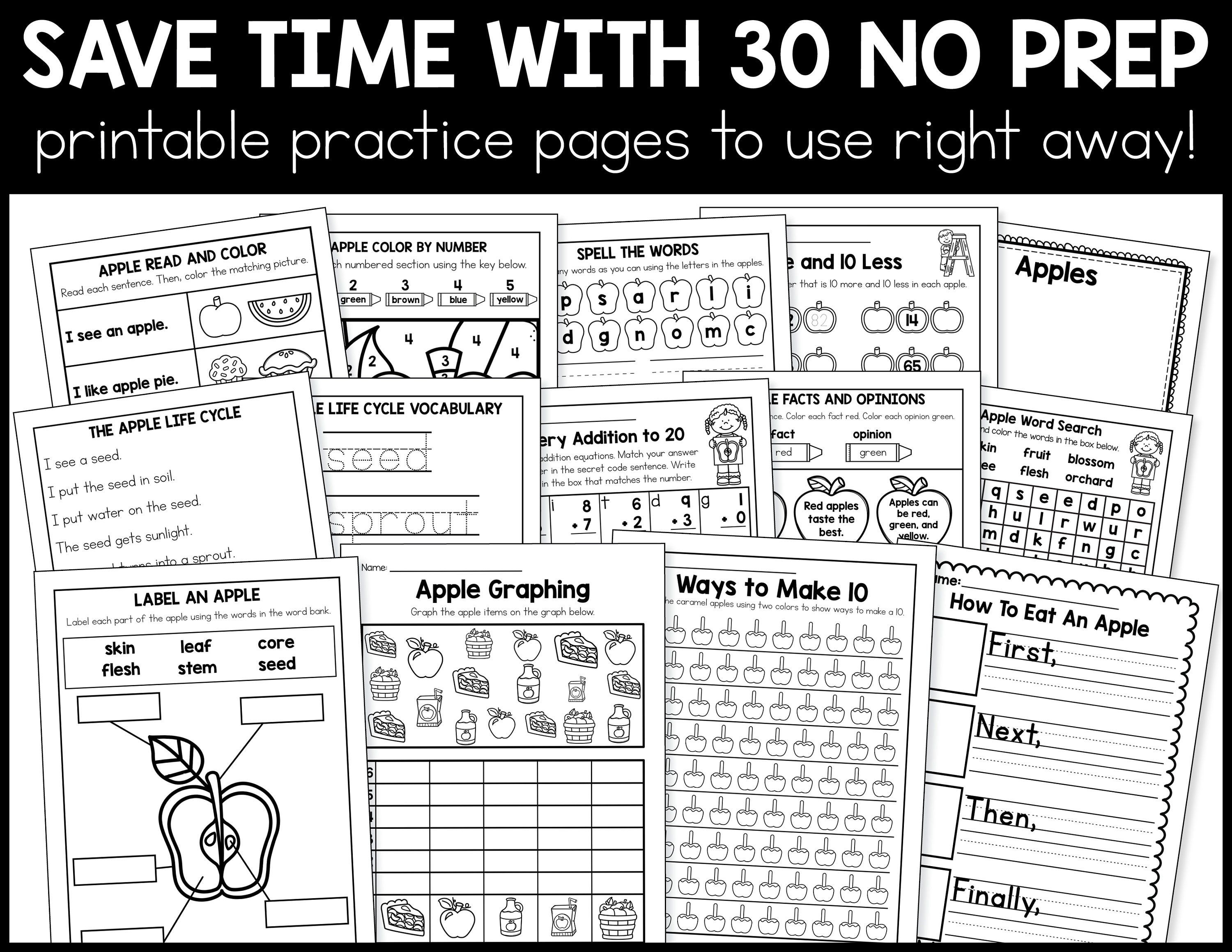 Apple Themed No Prep Activities Packet for Kindergarten and First Grade ...