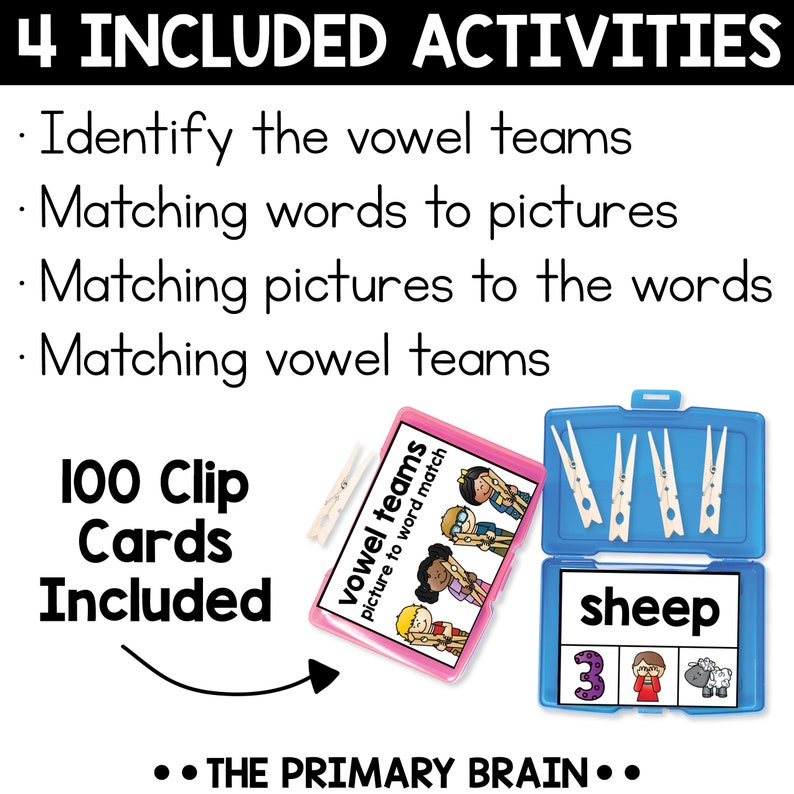 Vowel Teams Clip Cards for Phonics Task Card Boxes, Literacy Centers ...