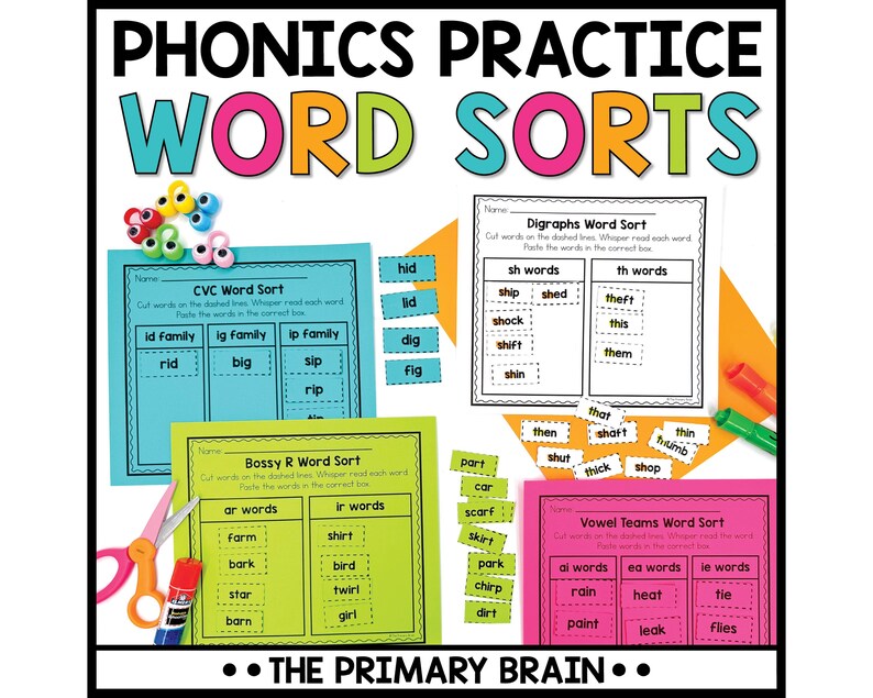 Phonics Practice Word Sorts | Cut and Paste Activities for CVC Words ...