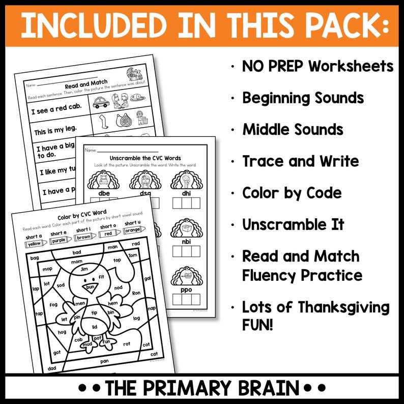 Thanksgiving Themed CVC Words Worksheets | Printable Phonics Practice ...