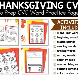 Thanksgiving Themed CVC Words Worksheets | Printable Phonics Practice ...