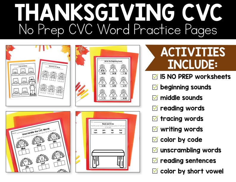 Thanksgiving Themed CVC Words Worksheets | Printable Phonics Practice ...