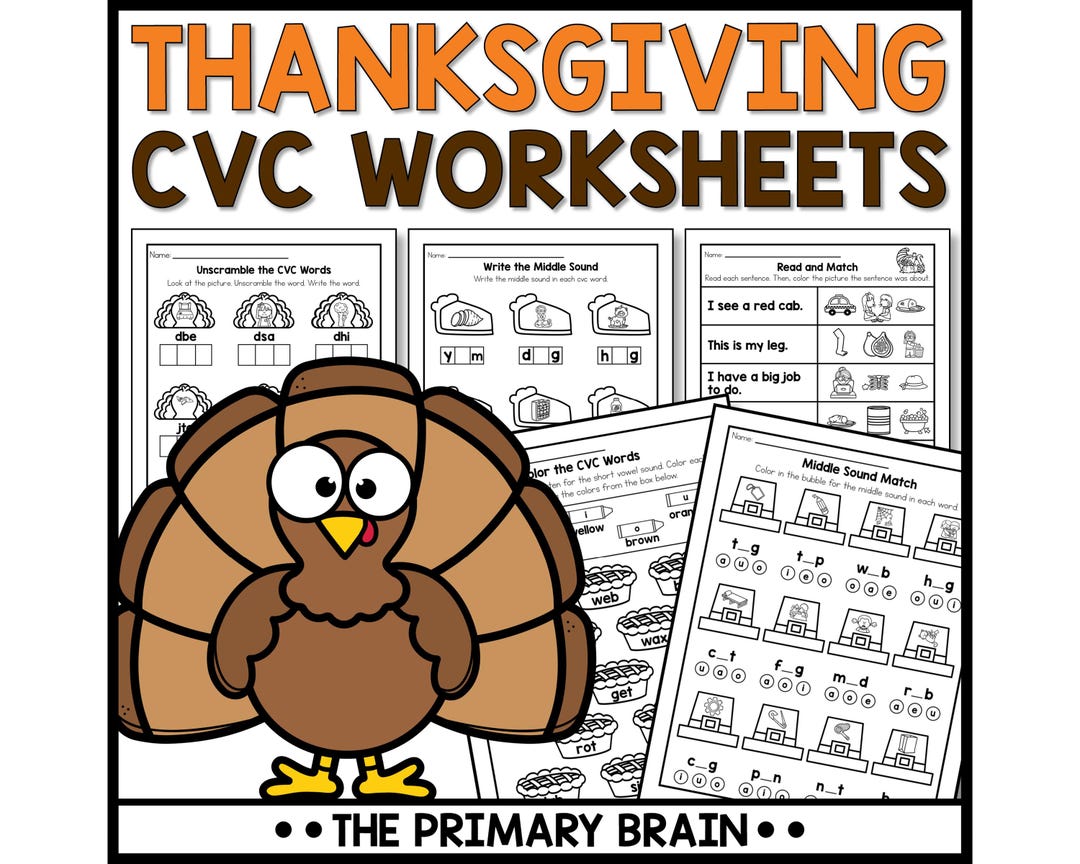 Thanksgiving Themed CVC Words Worksheets | Printable Phonics Practice ...